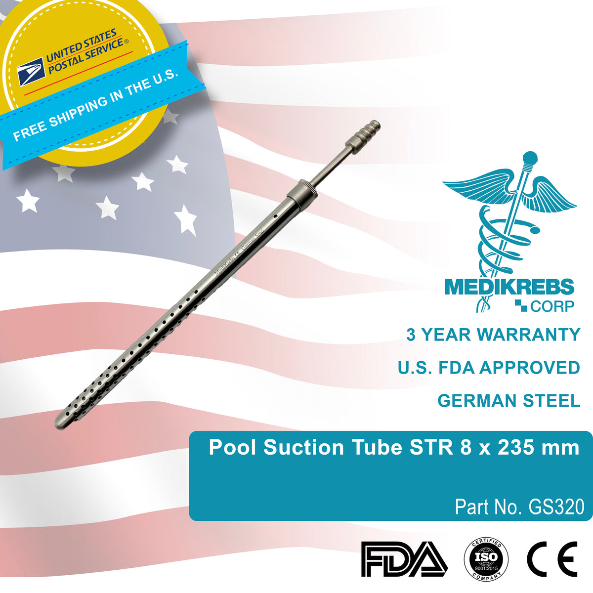 Medikrebs Pool Suction Tube Straight 8 mm x 24 cm Surgical Instruments ...
